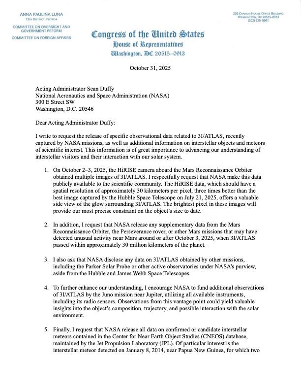 3I/ATLAS | Solicitud a la NASA para publicar datos científicos sobre ...